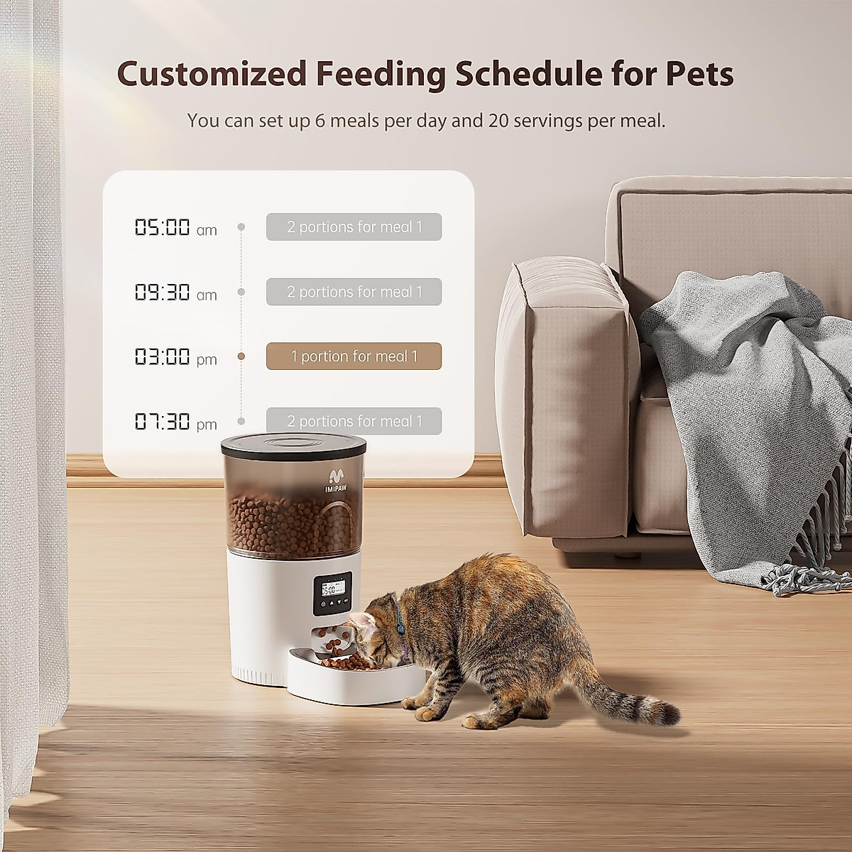 IMIPAW Automatic Cat Feeders, 3L Timed Cat Dry Food Dispenser, Dual Power Supply, Programmable Portion Size, 1-6 Meals Per Day, Auto Pet Feeder for Cats and Small Dogs
