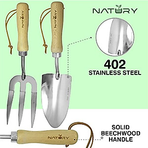 Natury Gardening Tool Set – Premium Stainless Steel Gardening Hand Tools with Solid Beechwood Handle – Gardening Kit with Rake, Shovel, Gloves, Shears, Tool Organizer – Garden Gifts for Women and Men