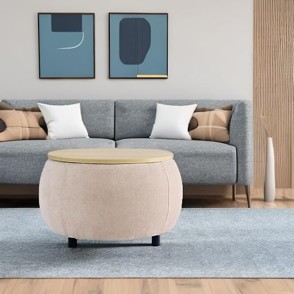 Kakotito Modern Round Storage Ottoman with Wooden Lid,Circle Ottoman Handmade Ottoman Coffee Table,End Table & Footstool for Living Room (Pink)