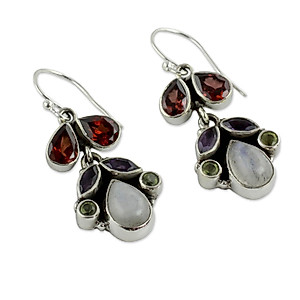 NOVICA Artisan Handmade Amethyst Moonstone Chandelier Earrings .925 Sterling Silver Multigem from India Garnet Peridot Clear Green Multicolor Purple Red Dangle Birthstone 'Rainbow'