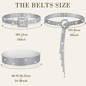 Jeyiour 3 Pcs Rhinestone Belt Silver Elastic Waist Belt Glitter Belt Shiny Crystal Chain Bling Waistband Square Ring Wide Waist Band for Women Ladies Girls Jeans Dress