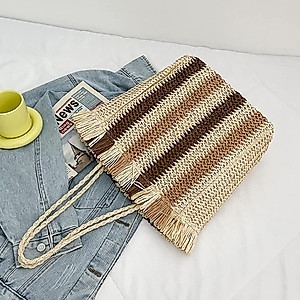 QTKJ Hand-woven Soft Large Straw Shoulder Bag with Tassels and Zipper Boho Straw Handle Tote Retro Summer Beach Bag Rattan Handbag (Beige)