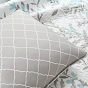 Lush Decor Yellow Aprile Reversible Quilt 3 Piece Floral Leaf Design Bedding Set, Full/Queen, Blue & Gray