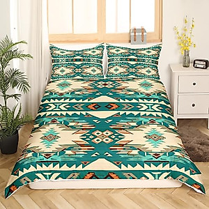 Feelyou Green Southwestern Bedding Set King Size Geometric Comforter Cover Set Tribal Native American Design Western Decor Duvet Cover Stripe Line Bedspread Cover Room Decor Quilt Cover(No Comforter)