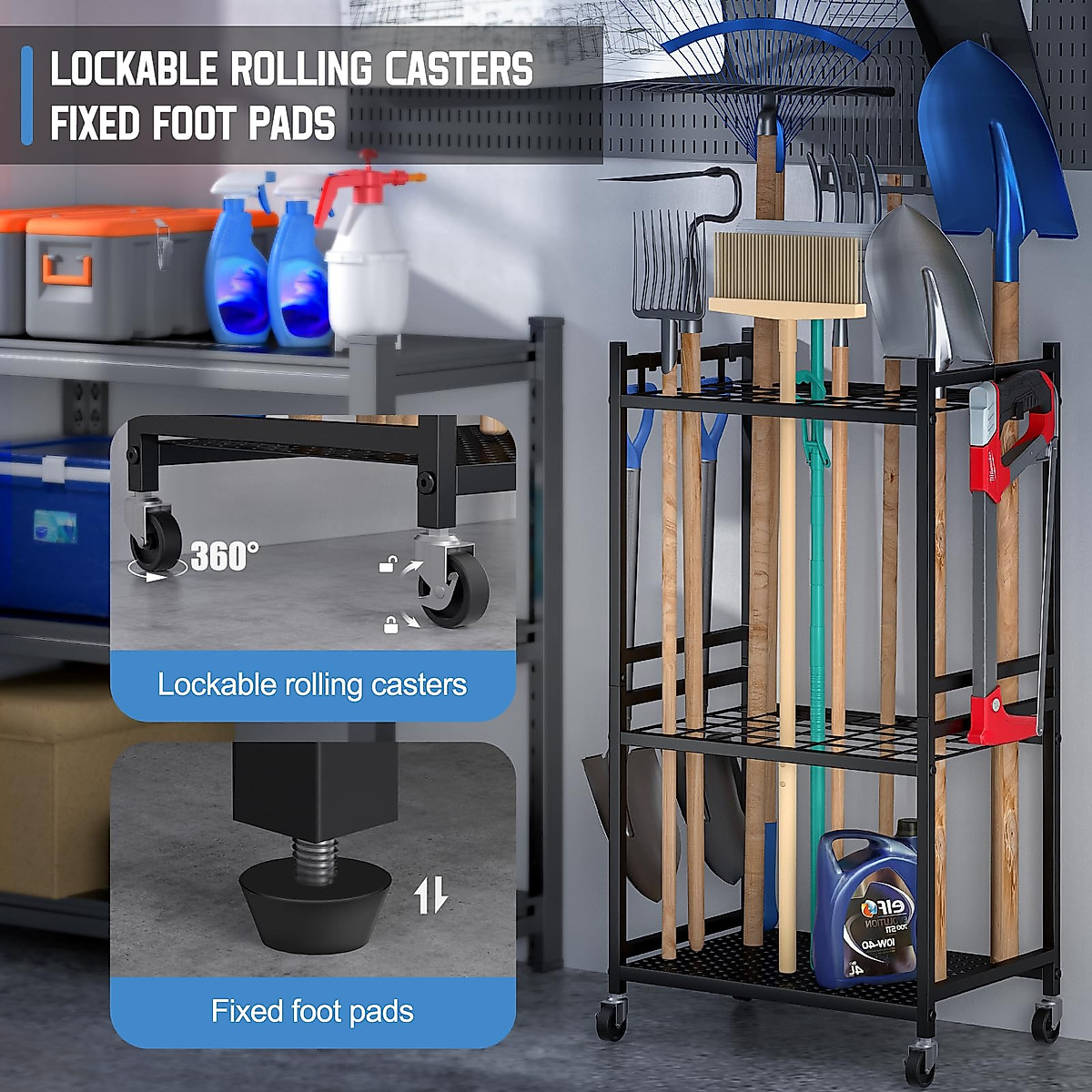 DAOUTIME Garden Tool Organizer with Wheels, Yard Tool Tower rack for Garage Organization and Storage, Up to 35 Long-Handled Tools, Sturdy Metal Steel Tool Holder with 3 Hooks, Outdoor, Black