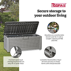 Toomax Florida 145 Gallon Lockable Deck Storage Box Bench for Outdoor Pool Patio Garden Furniture or Indoor Toy Bin Container, Warm Grey