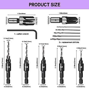 Countersink Drill Bit Set, Woodworking Chamfered Adjustable Counter Sinker Tools on Counter Sink Holes with 1/4" Hex Shank, 2 Pcs Wood Plug Cutter Drilling Tools for DIY Woodworking with One L-Wrench
