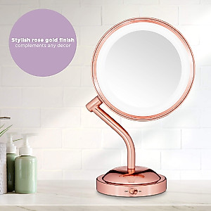 Conair Lighted Makeup-Mirror with Magnification, LED Vanity-Mirror, 1X/5X Magnifying-Mirror, Double Sided-Mirror, Operated in-Battery Rose Gold