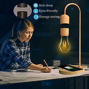 Floatidea Magnetic Levitating Lamp with Wireless Phone Charging Pad Floating Light Bulb LED Night Light Wood Grain Table Lamp Levitation Desk Lamp for Office Home Decoration Christmas Gift