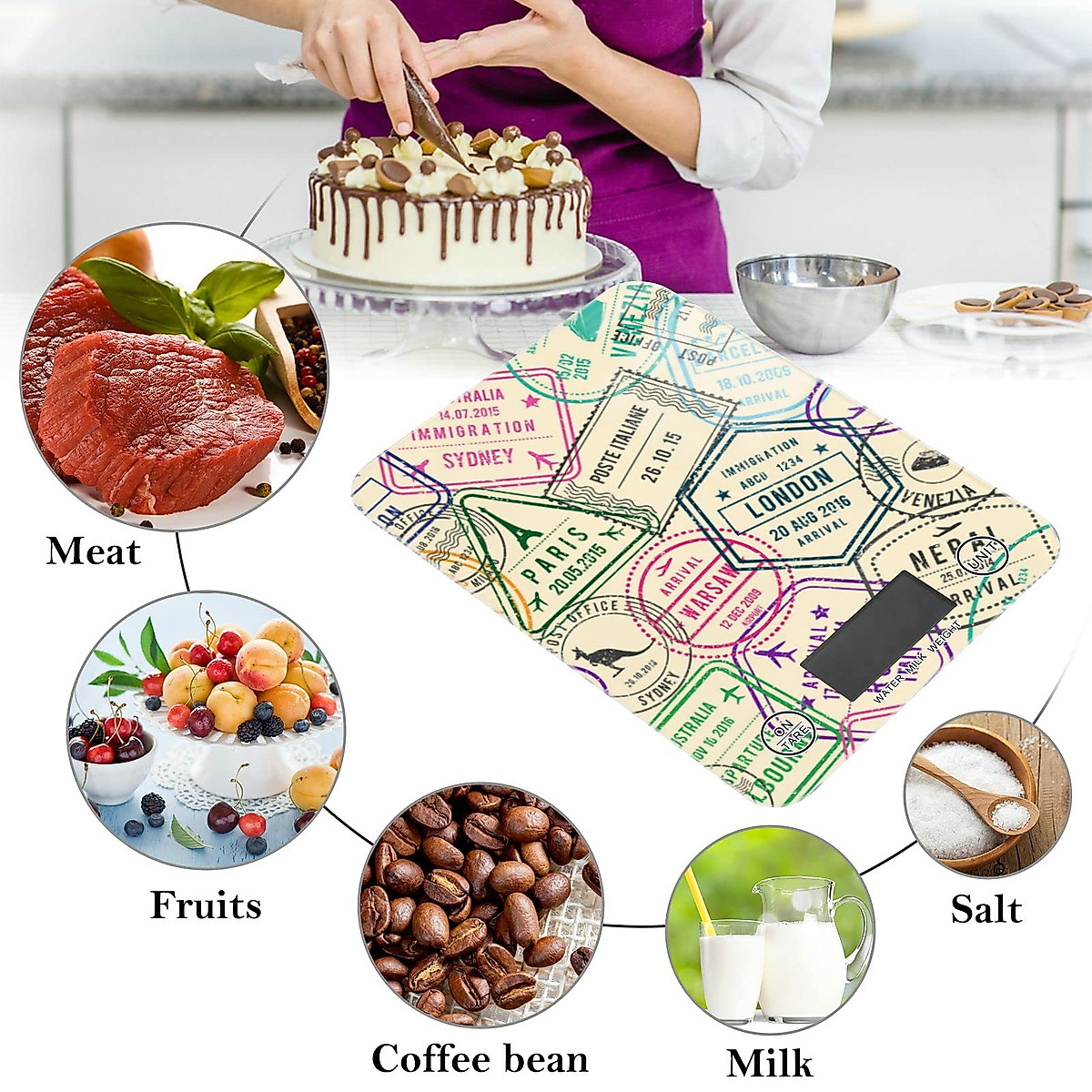 Travel Stamps Visa Food Scale Waterproof Digital Kitchen Scales Weight Ounces and Grams with Easy to Clean for Weight Loss, Baking, Cooking