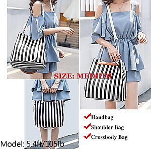 Bydenwely Women's Tote Bag Medium Canvas Shoulder Bag Daily Working Handbag with Concise Striped Pattern (Black)