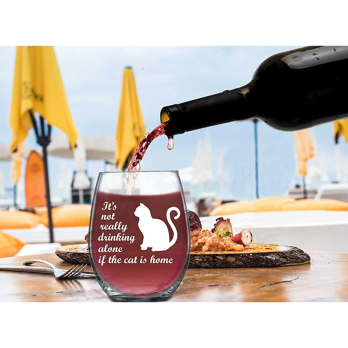 It's Not Really Drinking Alone If The Cat Is Home - 15oz Stemless Wine Glass - Cat Animal Lover Crazy Cat Lady Fur Mama From Son Daughter Husband Nana Papa for Women, Friends, Sisters, Girls