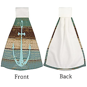 RAWARS Anchor Hand Towels for Bathroom Kitchen - Hanging Kitchen Towels with Loop 2 Pack Wood Nautical Old Stripe Highly Absorbent Soft Cloth Tie Towels for Laundry Room Decor