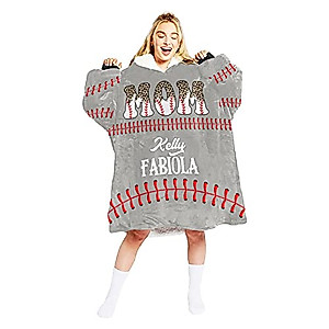 Baseball Mama Leopard Lace Mom Grey Personalized Sherpa Blanket Hoodie Wearable Blanket Oversized Hoodie Blanket Gift for Adult Women Men Teens