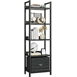 Furologee 5 Tier Bookshelf with Drawer, Kitchen Bakers Rack with Storage, Tall Narrow Bookcase, Industrial Free Standing Display Shelf, Wood and Metal Book Shelf for Bedroom, Living Room, Black