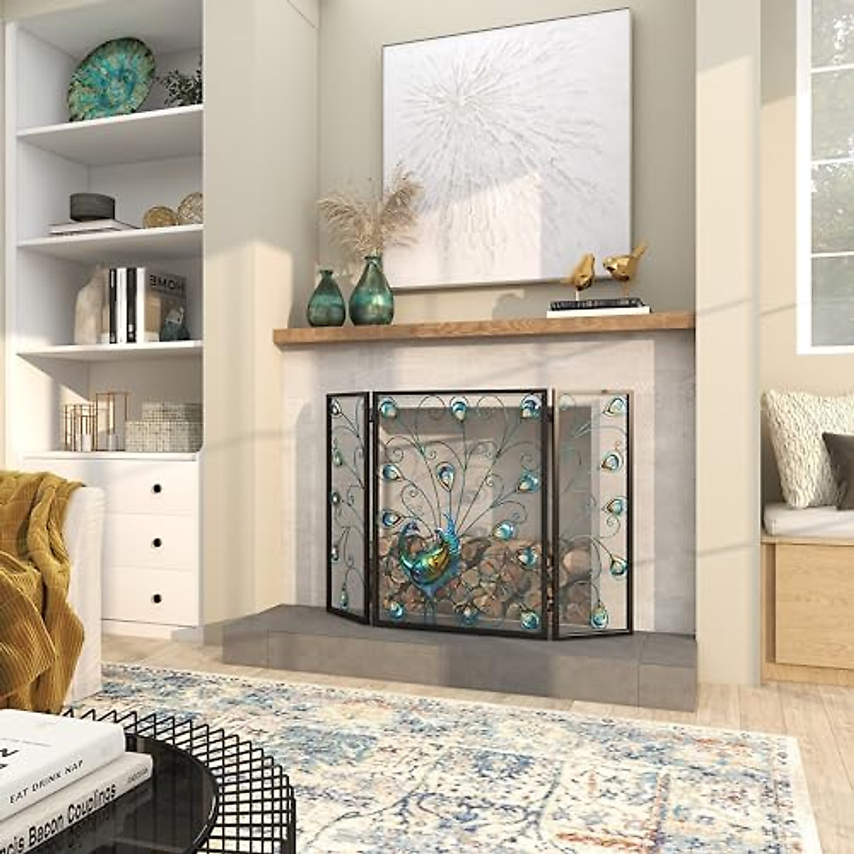 Deco 79 Metal Peacock Fireplace Screen Rainbow 3 Panel with Crystal Accents and Black Frame, 48" x 1" x 32", Blue