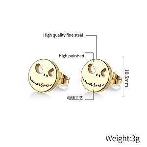 Stainless Steel Black/Silver Jack Skellington Cut-Out Round Circle Button Stud Post Earrings（10mm） ER72 (Gold)