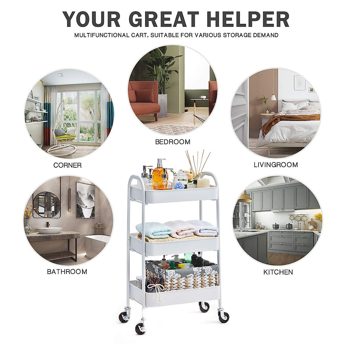 TOOLF 3 Tier Rolling Cart, No Screw Metal Utility Cart, Easy Assemble Utility Serving Cart, Sturdy Storage Trolley with Handles, Locking Wheels, for Classroom Office Home Bedroom Bathroom, White