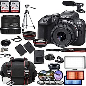 Canon EOS R10 Mirrorless Camera, Including RF-S 18-45mm f/4.5-6.3 is STM, 2X 64GB Memory Cards, Microphone, Case, LED Video Light & More (35pc Bundle)