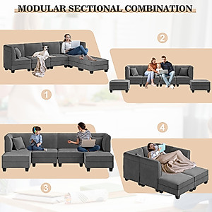 Vongrasig 6 Pieces Sectional Couch Modular Sofa with Reversible Chaise 116" Velvet U-Shaped Couch Sofa 6-seat Modular Large Sectional Couch with Ottoman for Living Room, Upholstered Cushion (Grey)