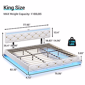 DICTAC Floating King Bed Frame with LED Lights and USB Ports Modern Upholstered Platform LED Bed Frame King Size with Headboard Faux Leather Low Profile Floating Bed Frame, No Box Spring Needed,White