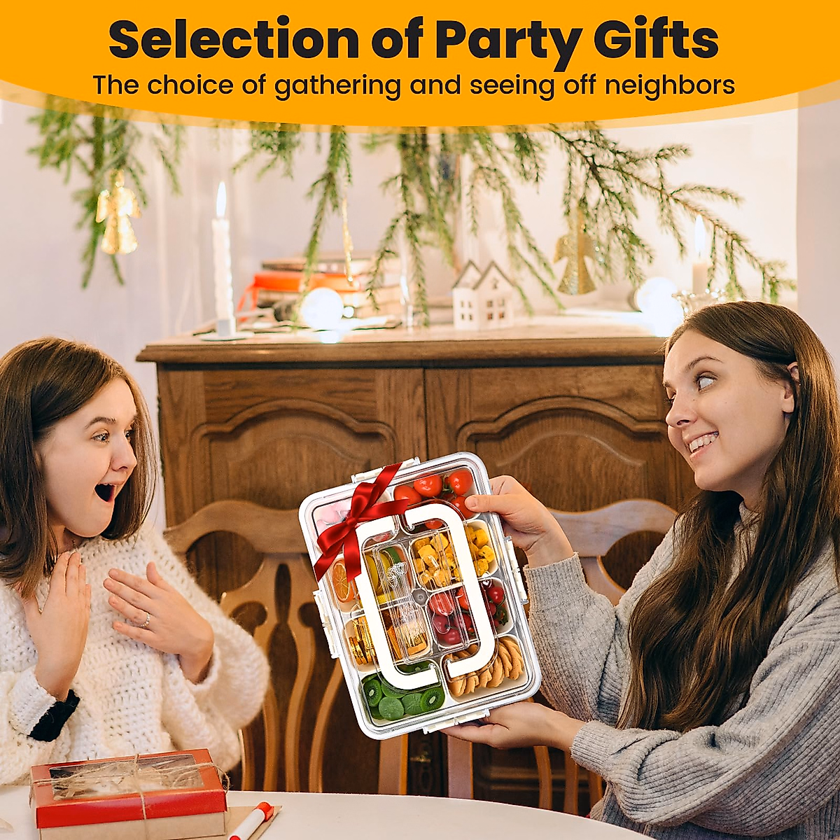 Linn'sCollection Divided Serving Tray with Lid and Handle,Snack Box Container with Cutlery Storage, Fruit Tray,Portable Snack Tray Organizer,Portable Snack Box Container, 8 Compartment Snack Container