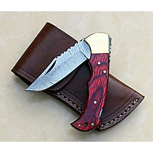 Nesmo-506 Damascus Steel Pocket Knife for Men - Handmade Folding Hunting Knives with Leather Pouch - Best Knife for Camping Hunting Hiking (Red Pakka Wood Handle)