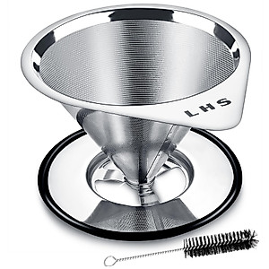 Pour Over Coffee Dripper Stainless Steel LHS Slow Drip Coffee Filter Metal Cone Paperless Reusable Single Cup Coffee Maker 1-2 Cup With Non-slip Cup Stand and Cleaning Brush