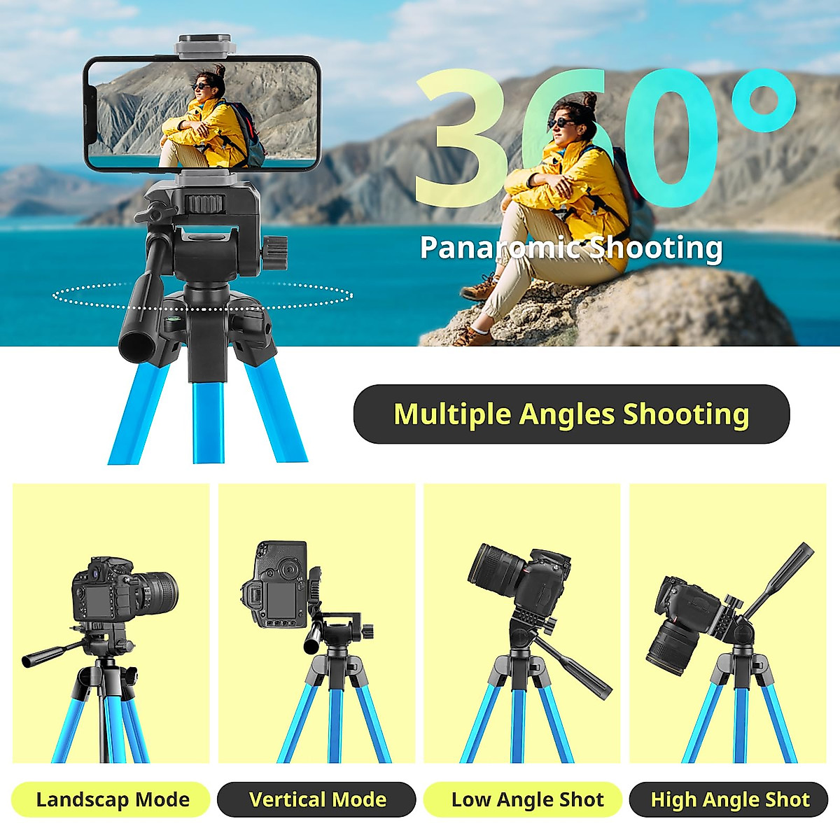 Sensyne 64" Phone Tripod Stand, Versatile Camera&iPad Tripod with Wireless Remote and 2-in-1 Phone Holder for Selfie/Video Recording/Photo/Live Stream/Vlog (Blue)
