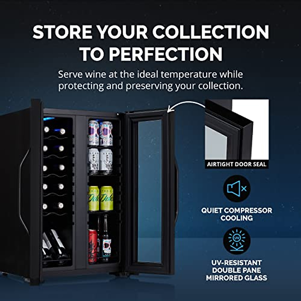 NewAir 12 Bottle/ 39 Can Wine Cooler Refrigerator | Shadow Series | Dual Temperature Zones, Freestanding Mirrored Wine and Beverage Fridge with Double-Layer Tempered Glass Door & Compressor Cooling