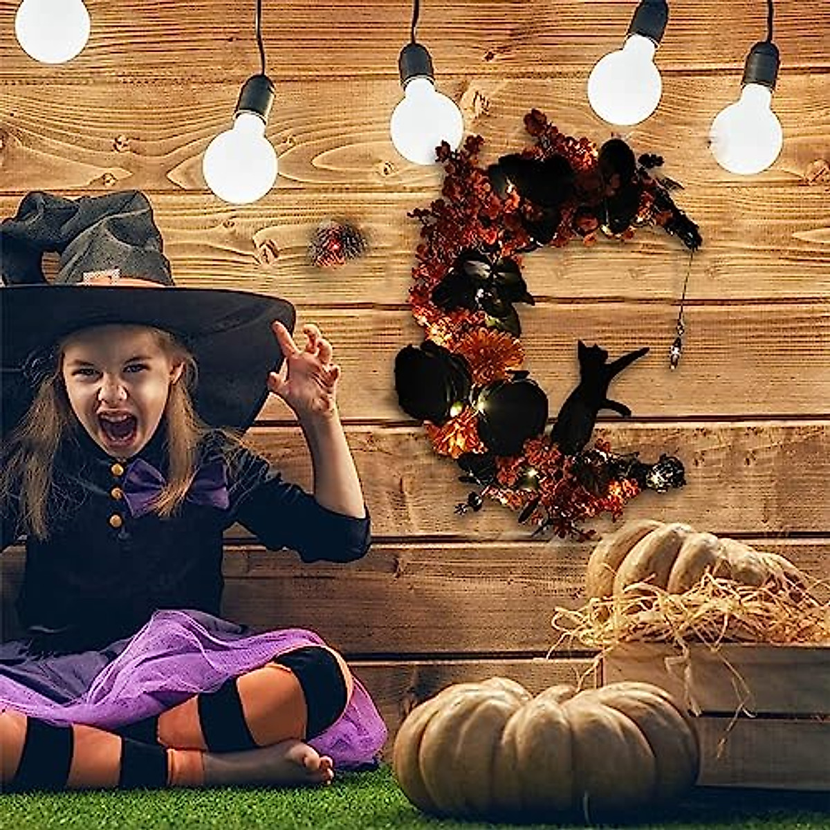 Pacoco Halloween Wreaths Decor with Lights for Front Door, 13.77" Halloween Moon Wreath with Black Cat Wood Wreath Halloween Wreath Horror Decorations for Home Party Window Wall Indoor Outdoor (03)