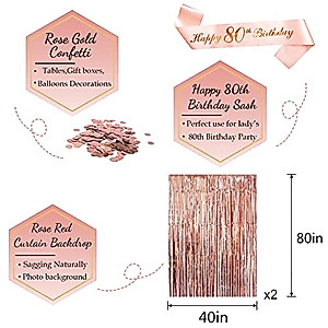 80th Birthday Decorations for Women, Happy Birthday Banner, Number 80 Foil Balloon Happy Birthday Cake Topper Rose Gold Curtain Happy 80th Birthday Sash Anniversary Decorations Birthday Backdrop