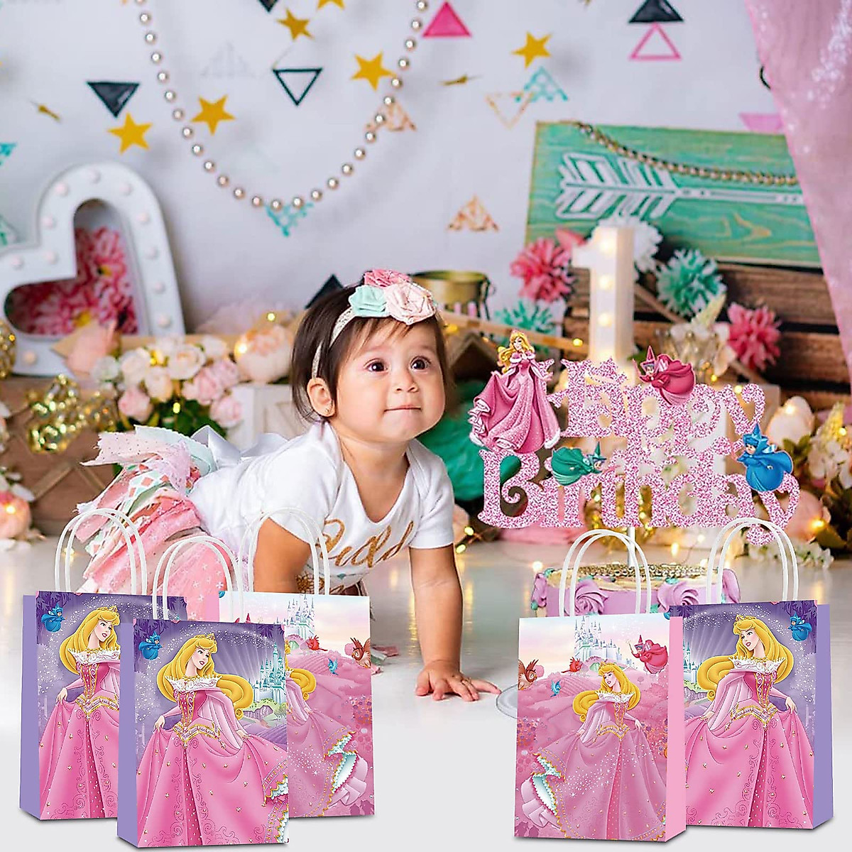 16 Pcs Sleeping Beauty Party Paper Gift Bags, 2 Styles Party Favor Bags with Handles for Princess Aurora Party Decorations, Goody Bags Candy Gift Bags for Boys Girls Kids