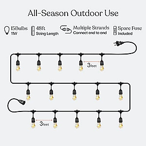 Brightech Ambience Pro Outdoor String Lights - Commercial Grade Waterproof Patio Lights with 48 Ft Dimmable Incandescent Edison Bulbs, Porch String Lights For Patio, Backyard, Christmas - 15 Bulbs 11W