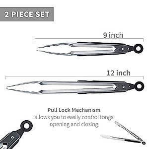 DRAGONN Premium Set of 12-inch and 9-inch Stainless-Steel Locking Kitchen Tongs, Set of 2 - Sturdy, Heavy Duty Tong Set - Great for Cooking, Grilling, and Barbecue, BBQ, Silver, DN-KW-TG2S