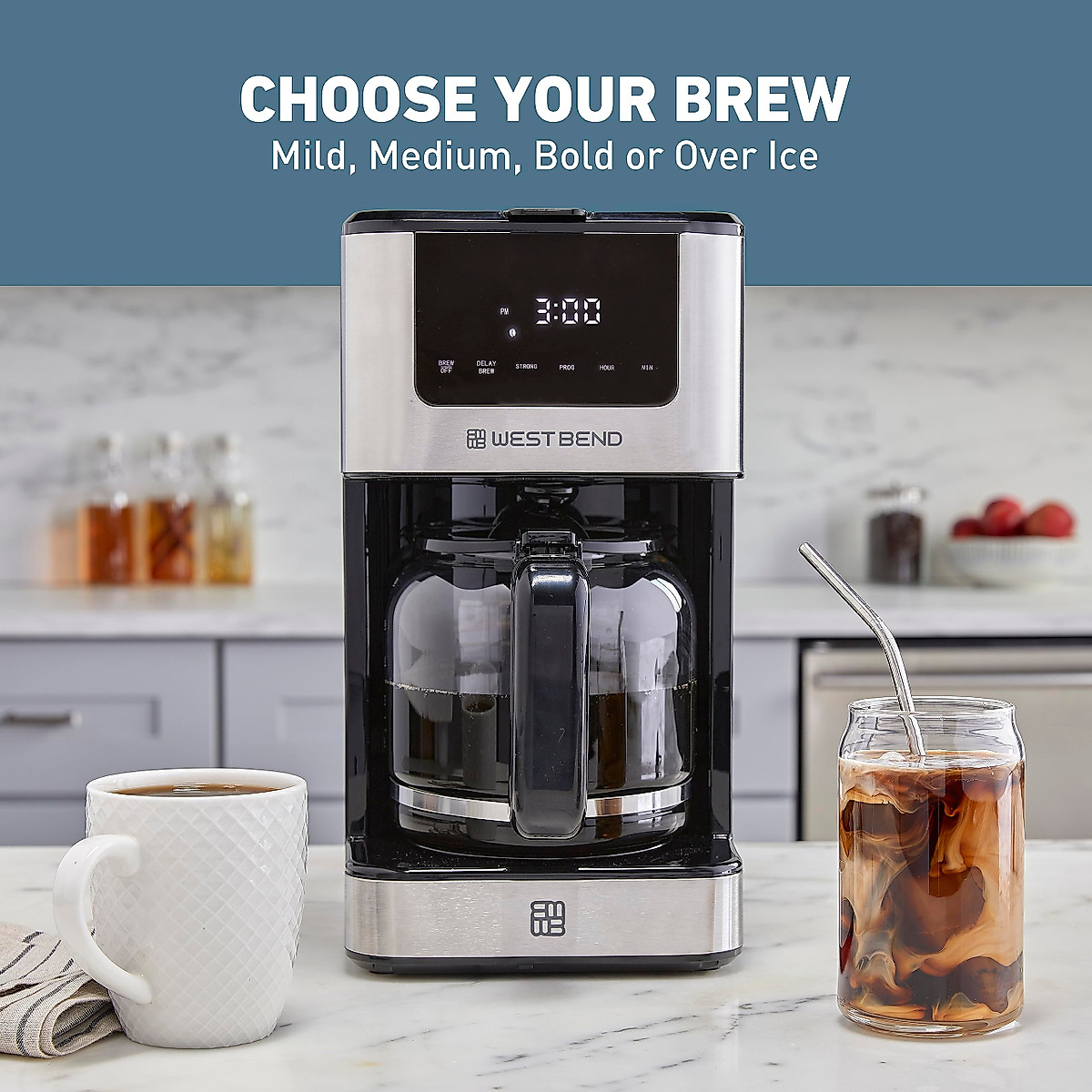 West Bend Drip Coffee Maker Brews Hot or Iced, Programmable with Brew Strength Selector Auto Shut-Off and 6 Functions Permanent Mesh Filter and Glass Carafe, 12-Cup, Metallic,Silver