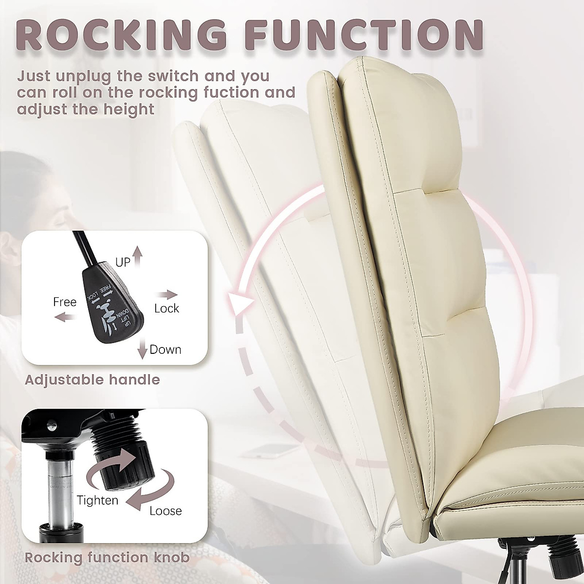 PU-Padded High-Back Armless Office Desk Chair - Modern Swivel Vanity Chair with Rocking Design, Wide Seat & No Wheels for Home Office Tasks by