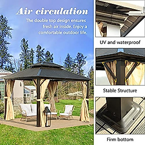 Aoodor 10' x 12' Gazebo Hardtop Roof, Aluminum Frame with Mosquito Netting and Curtain for Garden Patio, Black