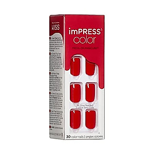 KISS imPRESS Color Polish-Free Solid Color Press-On Nails, PureFit Technology, Short Length, 'Reddy or Not', Includes Prep Pad, Mini Nail File, Cuticle Stick and 30 Fake Nails