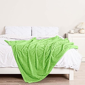 Bnuitland Light Green Flannel Throw with Storage Pouch,300GSM Super Soft Fleece Stripe Pattern Sofa Blanket for Babys and Kids, Lightweight Cozy Bed Throw for Home Decor All Season