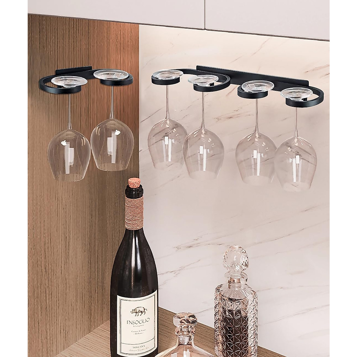 GeLive 15 Inch Wall Mounted Stemware Holder Under Cabinet Wine Glass Rack Glasses Storage Hanger Organizer for Bar Kitchen Aluminum Alloy Black