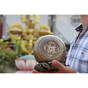 Tibetan Singing Bowl Set 4" ~ Bronze Mantra Design ~ With Carry Case, Dual Surface Mallet, Silk Cushion, and FREE Meditation e-book ~ Promotes Peace, Chakra Healing, and Mindfulness