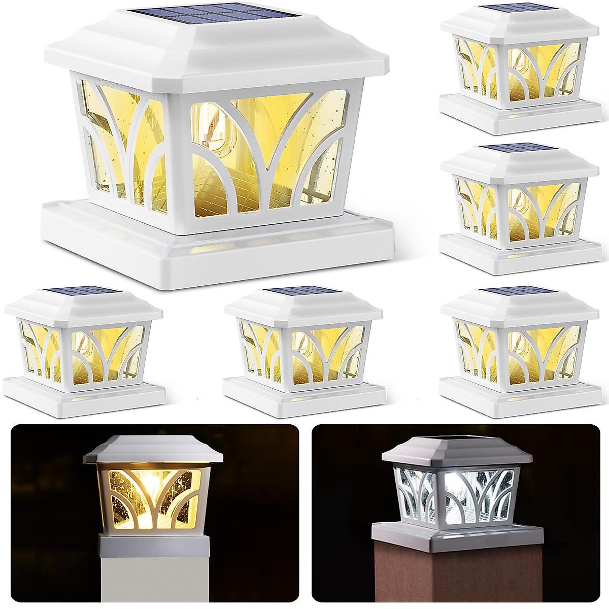 SIEDiNLAR Solar Post Cap Lights Outdoor, Aluminum Glass 2 Modes Edison LED Bulbs for 4x4 5x5 6x6 Vinyl Wooden Posts Deck Fence Patio Decor, Warm White/Cool White Lighting 6 Pack (White)