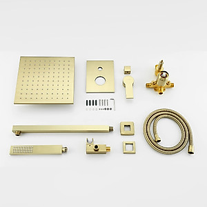 SHAMANDA Brass Rainfall Shower System, Luxuly Bathroom Shower Faucet Combo Set Brushed Gold(Including Rough-In Valve Body and Trim), L70001-3