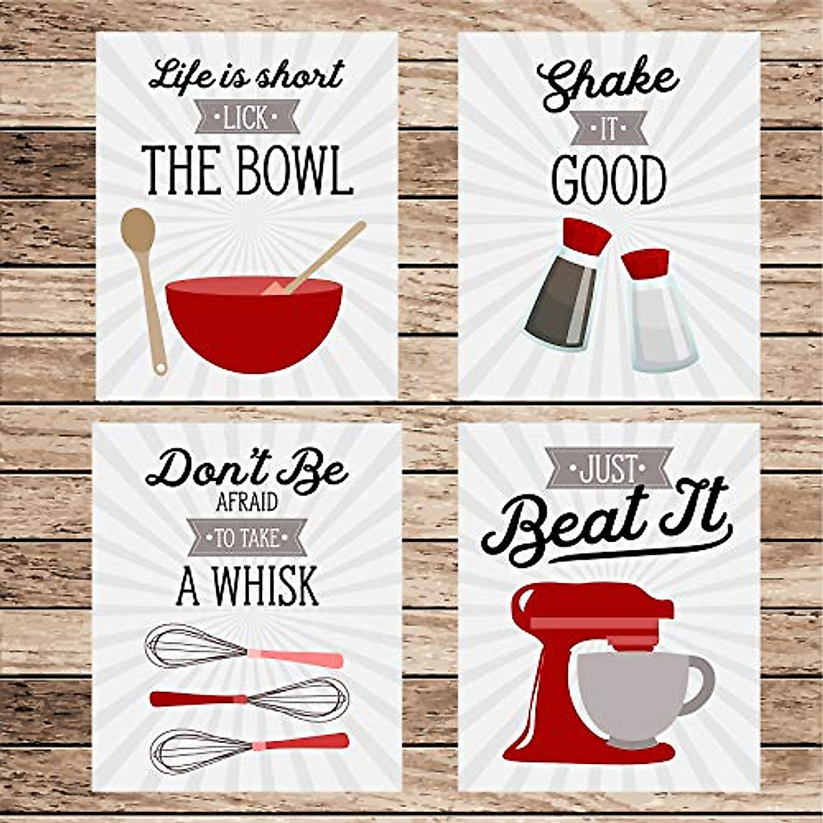 Red Retro Vintage Kitchen Wall Art Prints - Set of 4-8x10 UNFRAMED Gray, Red & White Kitchen Utensil Prints Perfect for Rustic, Modern Farmhouse, Country Decor.