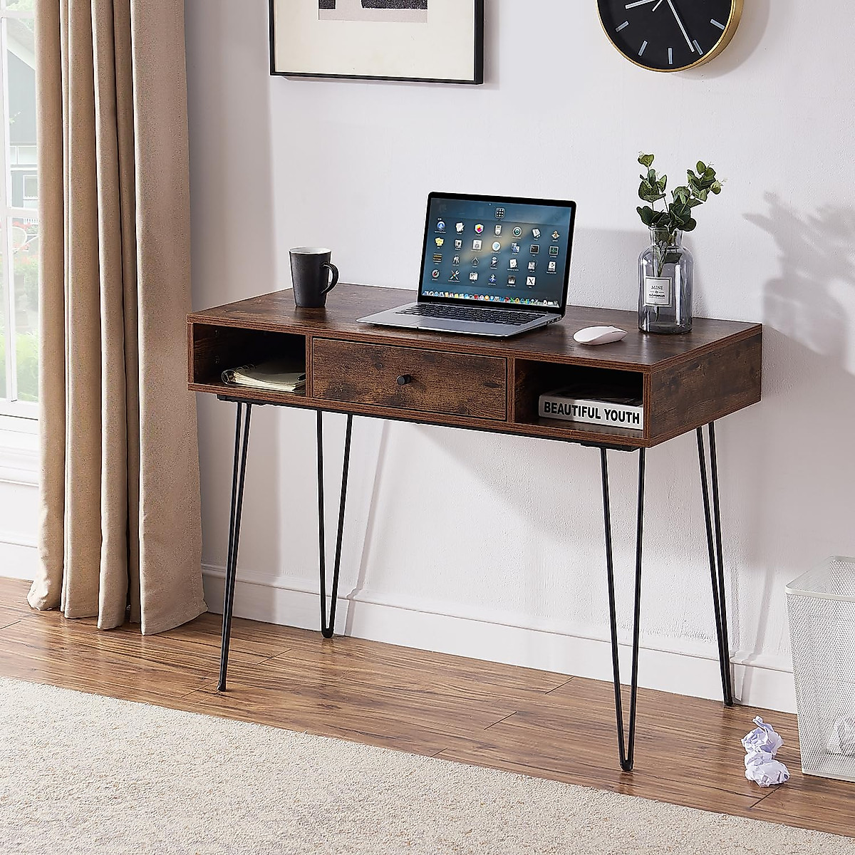 VECELO 39.3" Home Office Work Table with Drawers Computer Desk Writing/Study, 39 Inch Hairpin Legs, Retro Brown