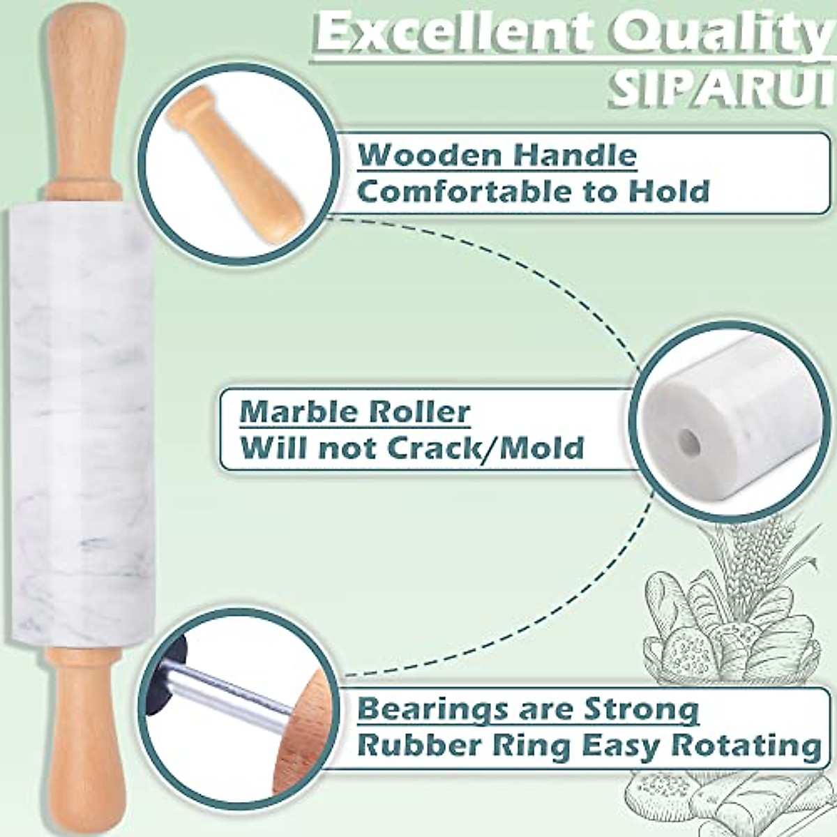 SIPARUI Marble Rolling Pin with Wooden Cradle Thick Handle Set for Baking,18.5 inch Premium Quality Polished Roller for Pizza Dough,Fondant,Pie Crust,Non-Stick Surface Easy to Clean(White)
