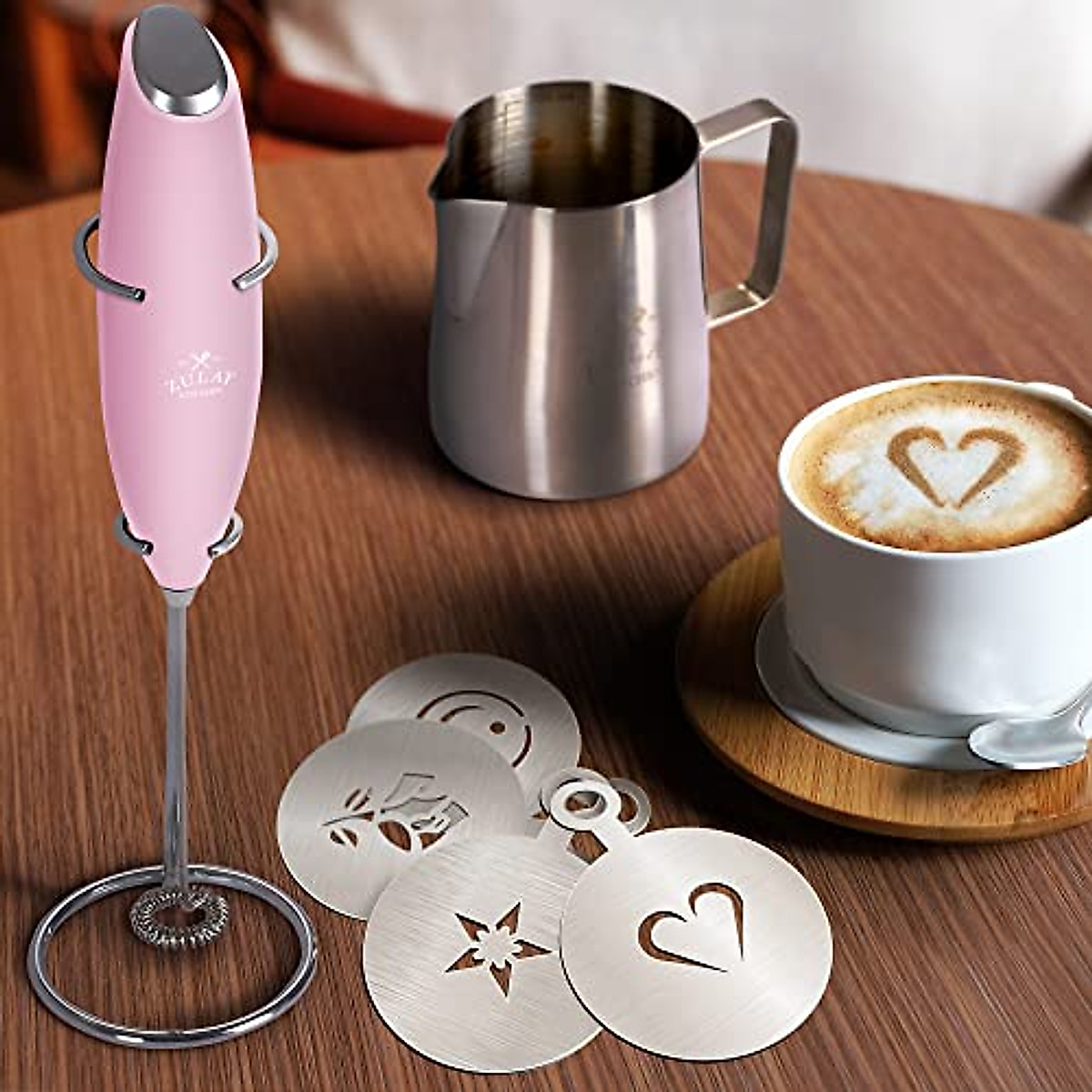 Zulay Kitchen Premium Gift Milk Frother Complete Set - Handheld Foam Maker, Stencils & Frother Set - Whisk Drink Mixer for Coffee - Mini Blender for Cappuccino, Frappe