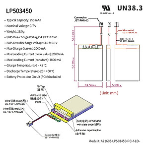 EEMB 3.7V Lipo Battery 950mAh 503450 Lithium Polymer ion Battery Rechargeable Lithium ion Polymer Battery with JST Connector Make Sure Device Polarity Matches with Battery Before Purchase