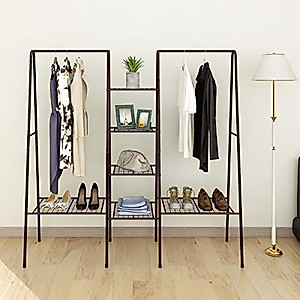 JURMERRY Large Clothes Rail Clothing Rack Stand, Metal Garment Rack Coat Stand Top Rod Metal with Shoes Shelves,Bronze
